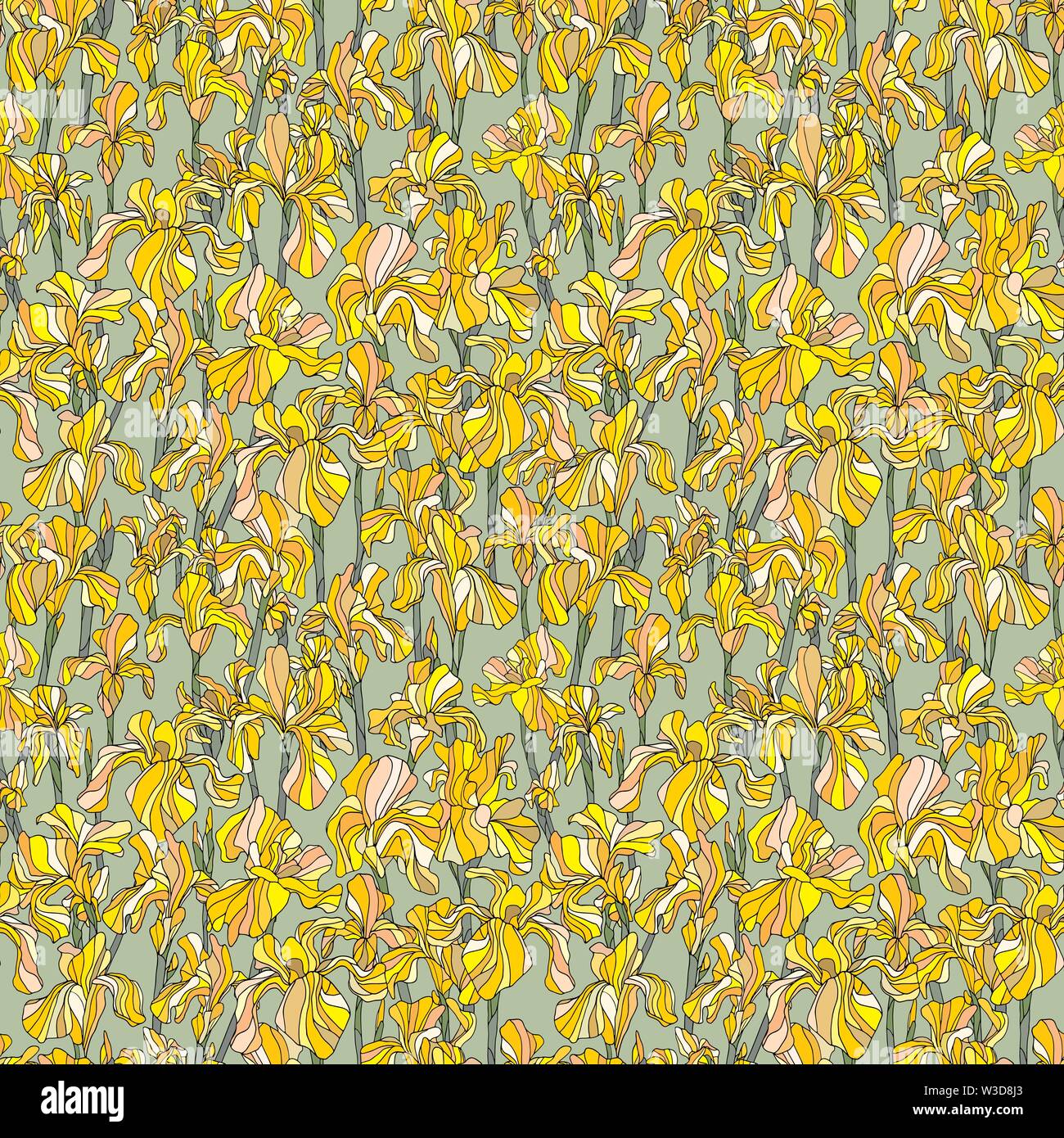 Iris flowers hand drawn vector seamless pattern. Nature yellow petals ...
