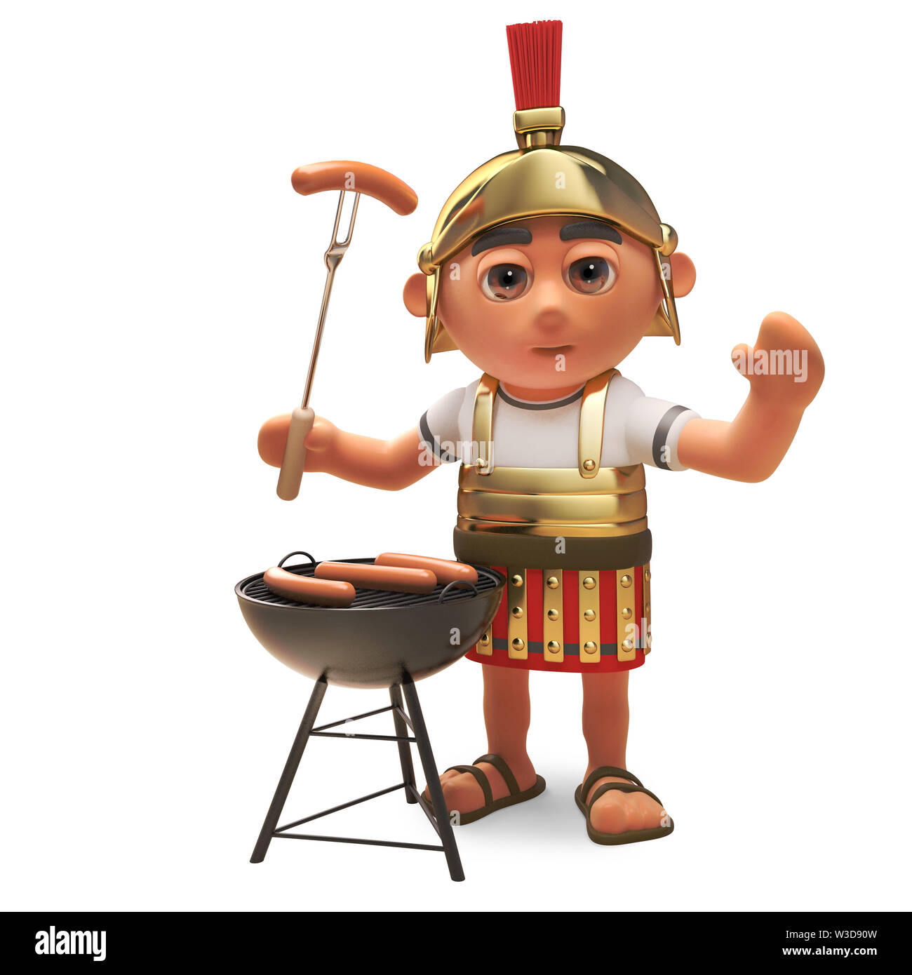 Hungry 3d cartoon Roman legionnaire solder cooking on a barbecue bbq ...
