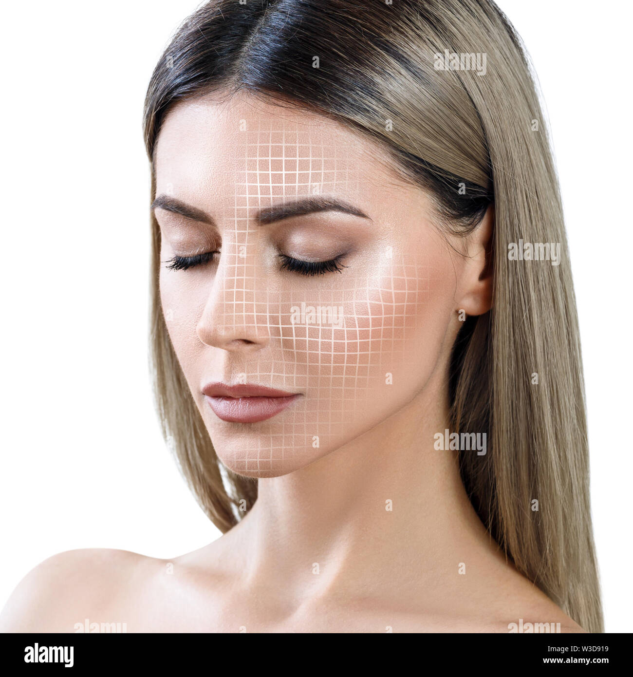 Graphic lines shows facial lifting effect on skin. Isolated on white ...
