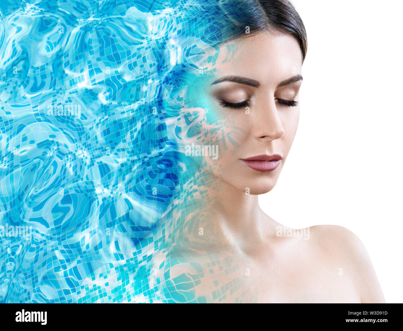 Female face appears from blue water pool ripple. Over white background ...