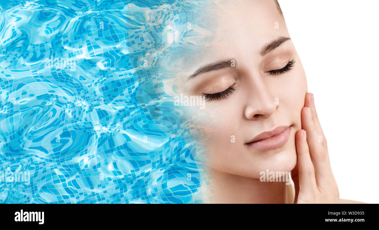 Female face appears from blue water pool ripple. Over white background ...