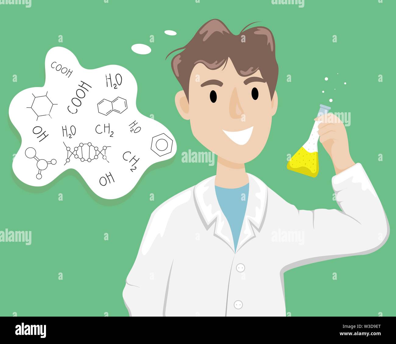 Male chemist in a white coat with a flask with a chemical substance in ...
