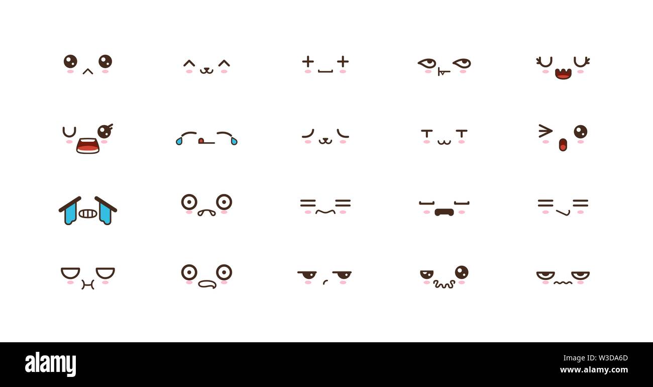 Kawaii icons faces expressions cute smile emoticons. Japanese emoji ...