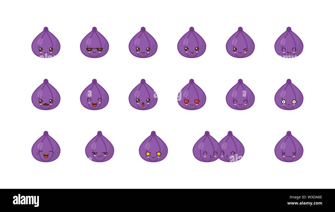 Fig fruit cute kawaii mascot. Set kawaii food faces expressions smile ...