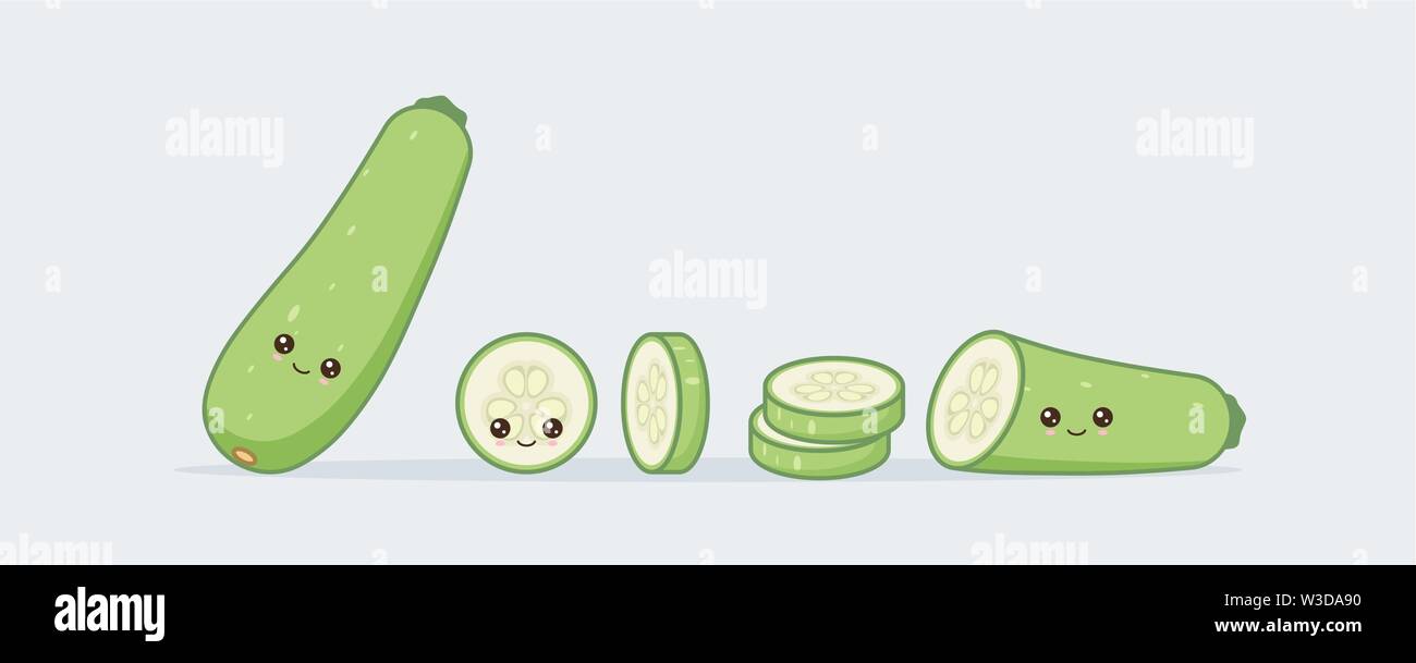 Set zucchini. Cute kawaii smiling food. Vector illustration Stock ...