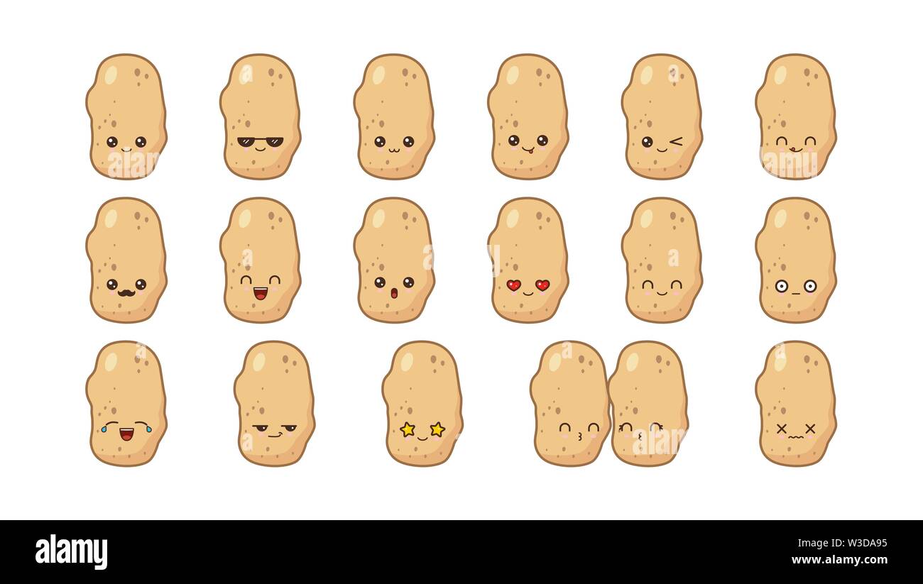 Potatoes cute kawaii mascot. Set kawaii food faces expressions smile ...