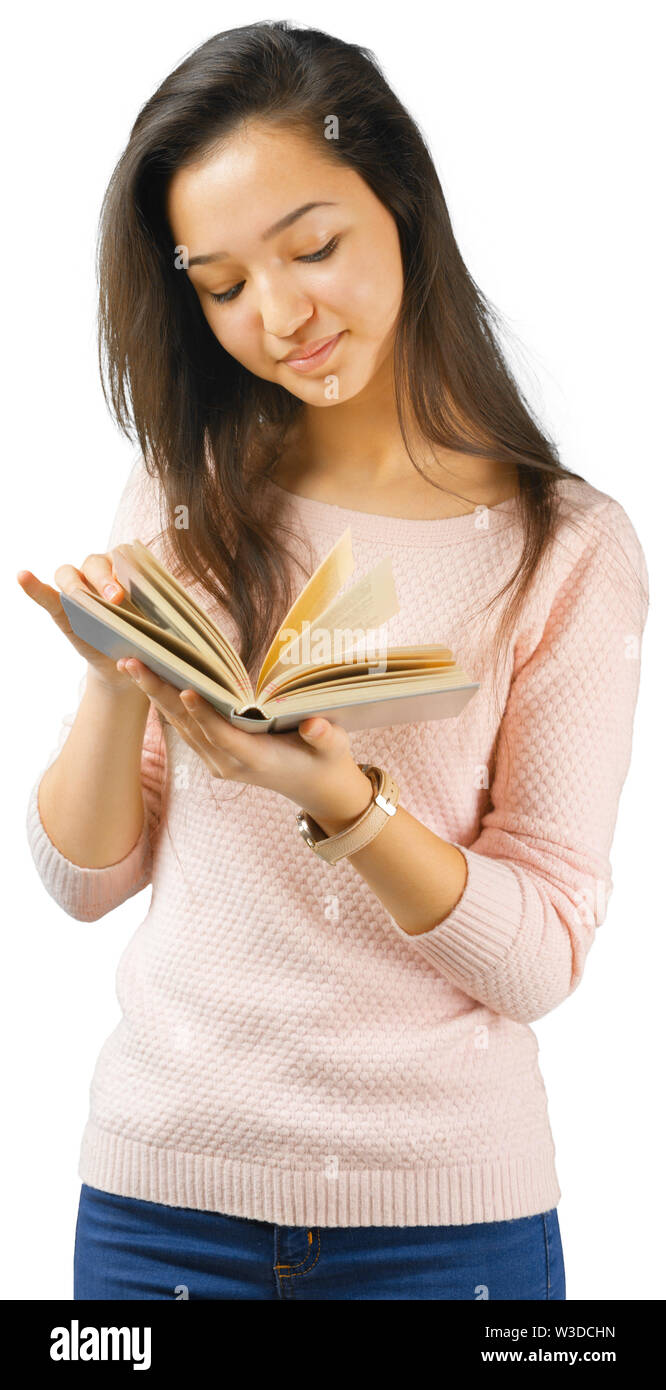 young girl with book isolated on a white background Stock Photo - Alamy