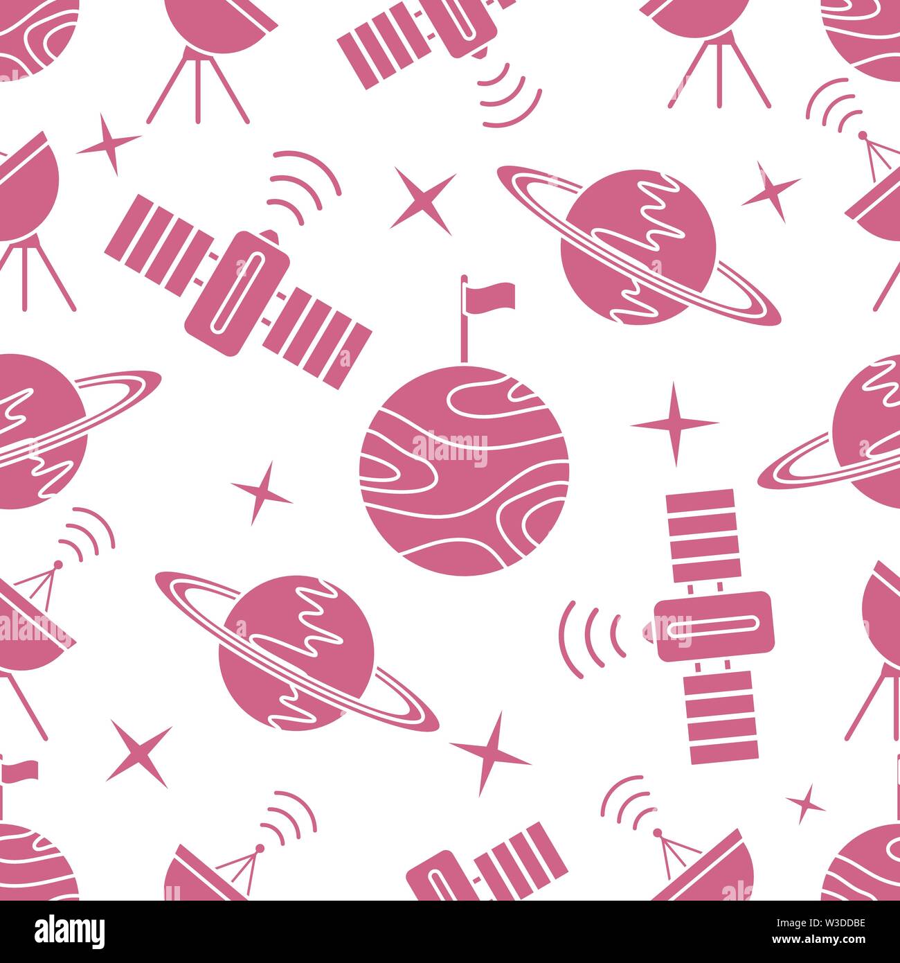 Seamless vector pattern with planets, Saturn, stars, orbital station ...