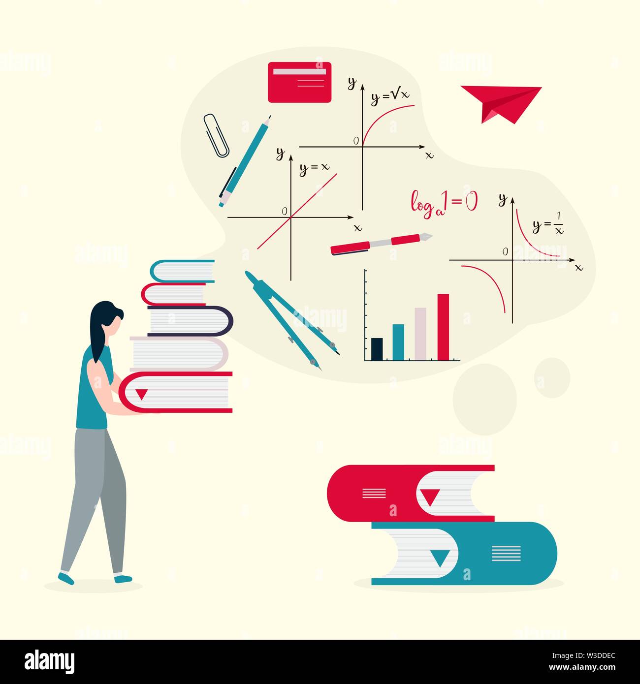 Vector illustration with girl, stack of books. Education, study ...