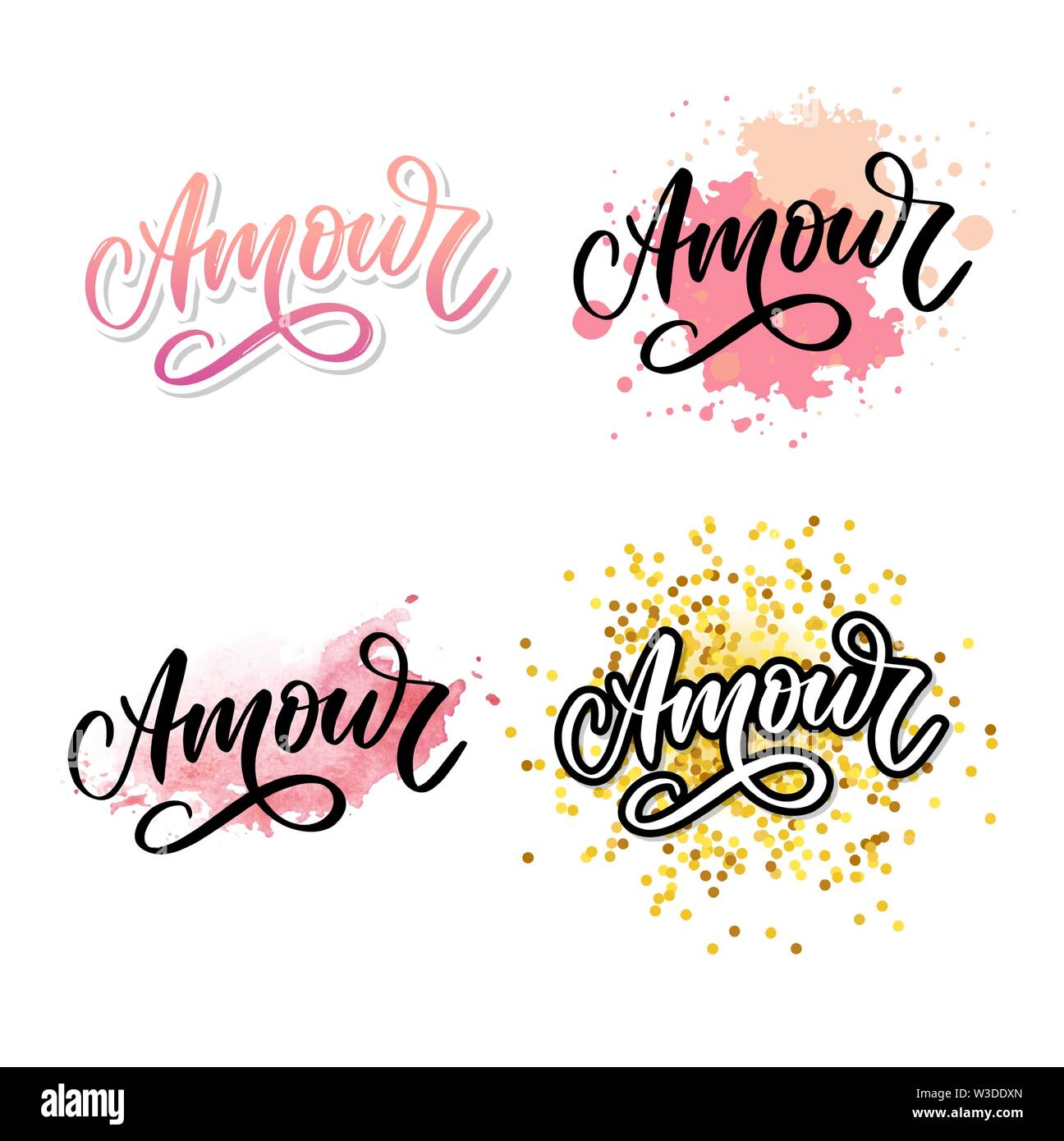 Amour. Vector handwritten lettering with hand drawn flowers. Template ...