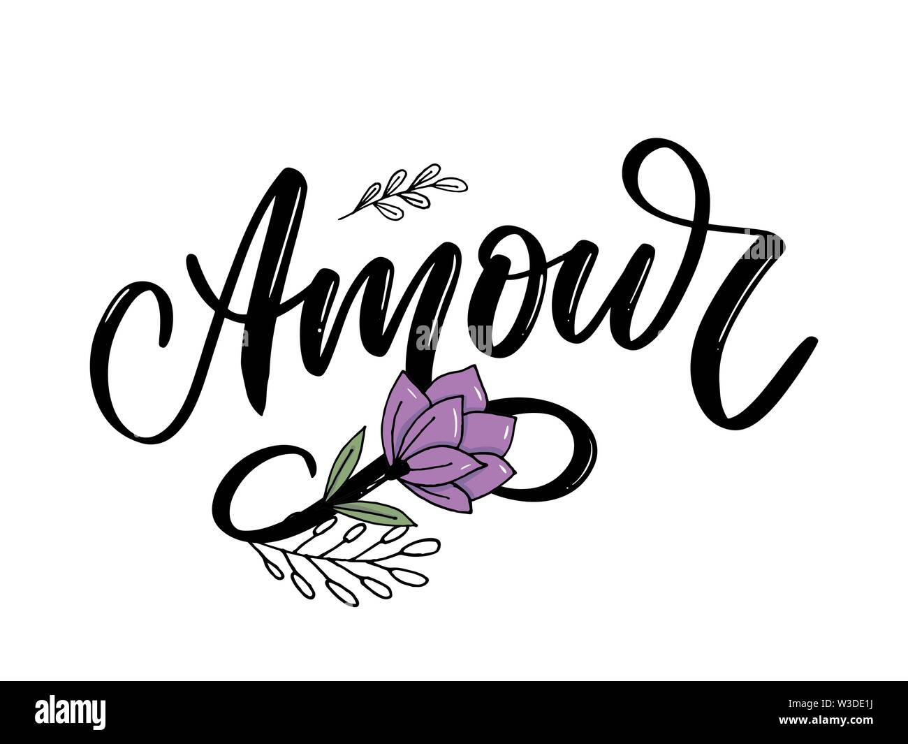 Amour. Vector handwritten lettering with hand drawn flowers. Template ...