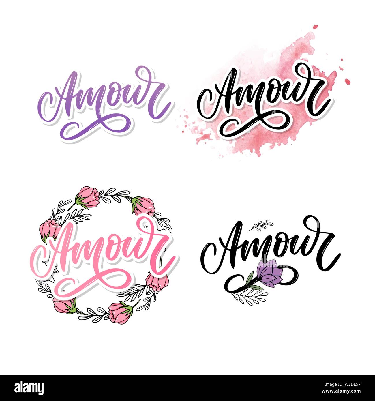 Amour. Vector handwritten lettering with hand drawn flowers. Template ...