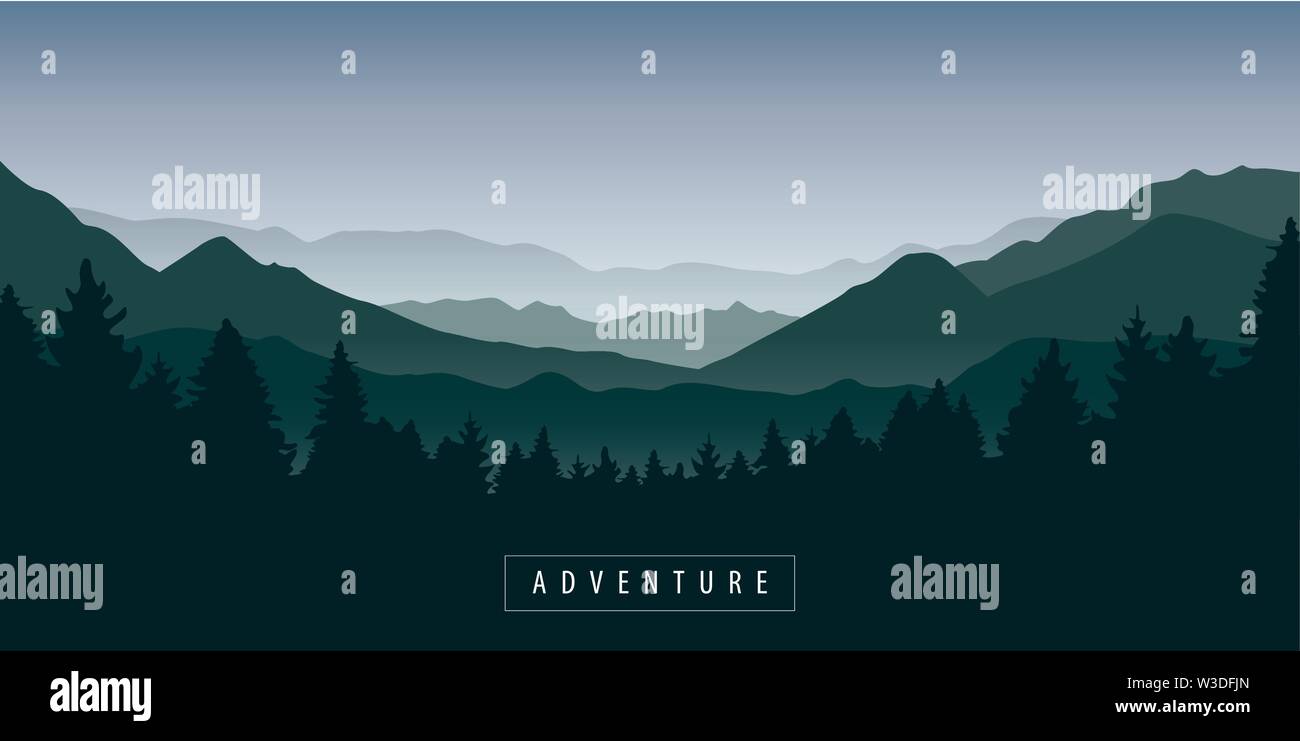 green foggy mountain and forest nature landscape vector illustration ...