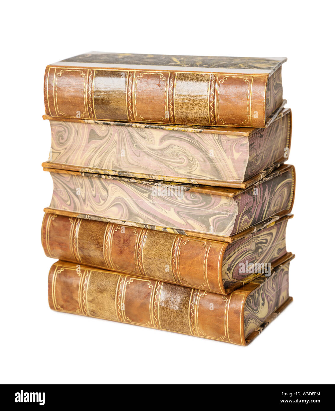 Big heap of old books in a leather hardcover isolated on white ...