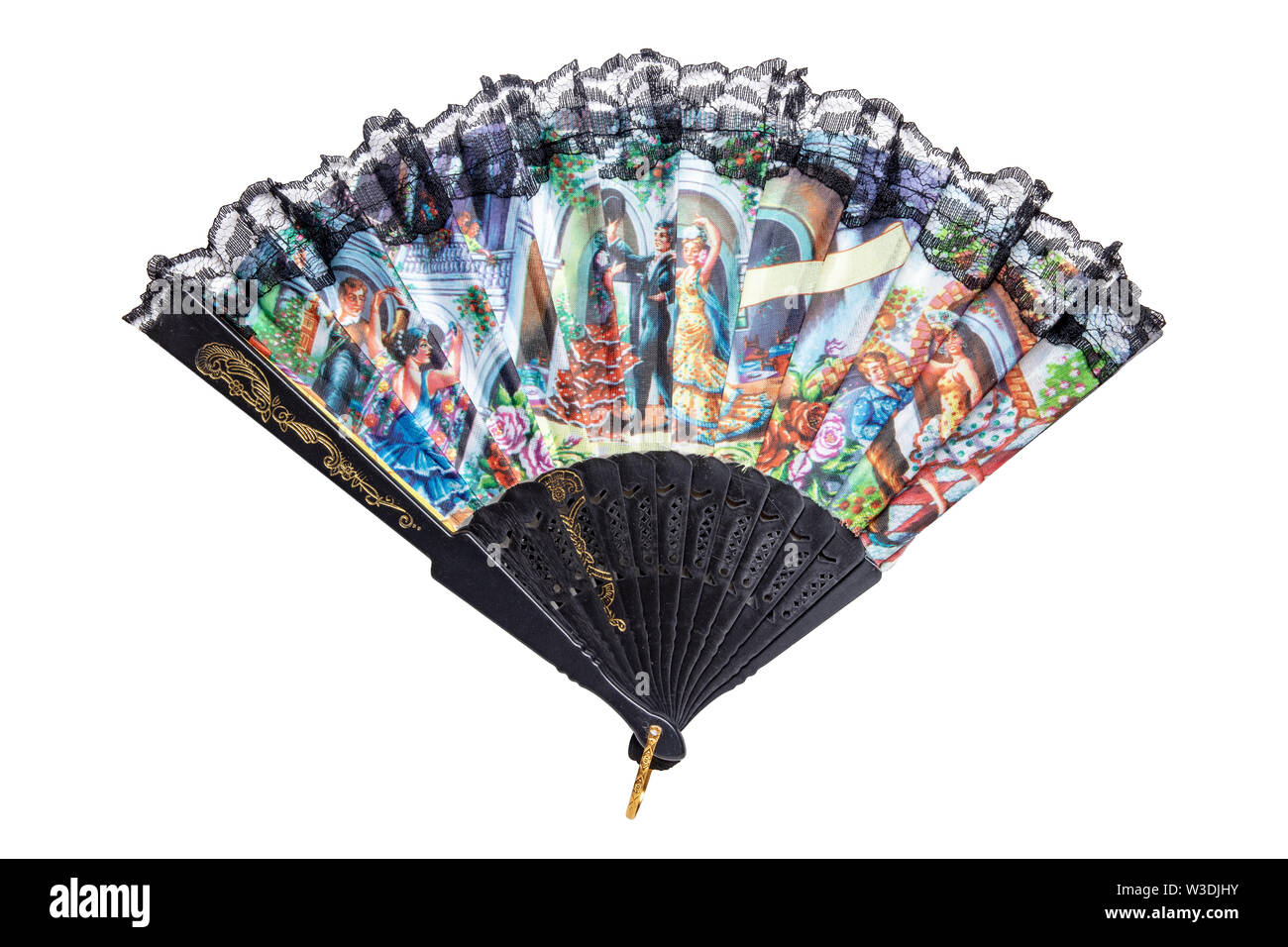 Spanish souvenir. Beautiful colorful traditional spanish fan with black ...