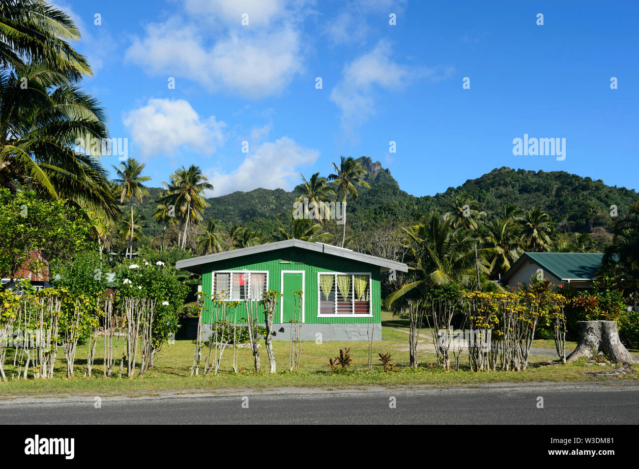 Scenic view of small wooden brightly painted houses, Rarotonga, Cook ...