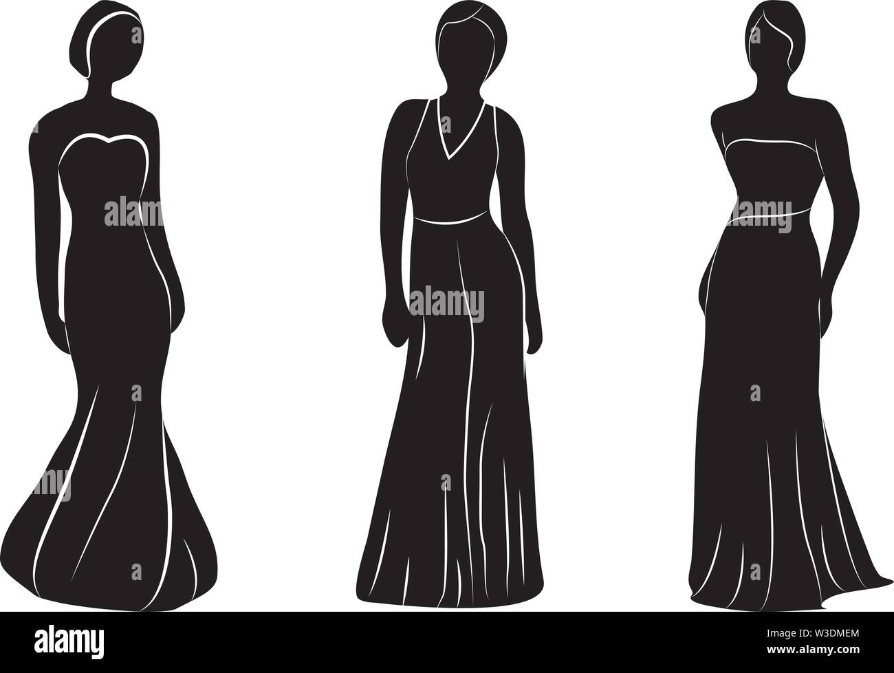 Young wemen in evening dresses silhuettes vector illustrations Stock ...