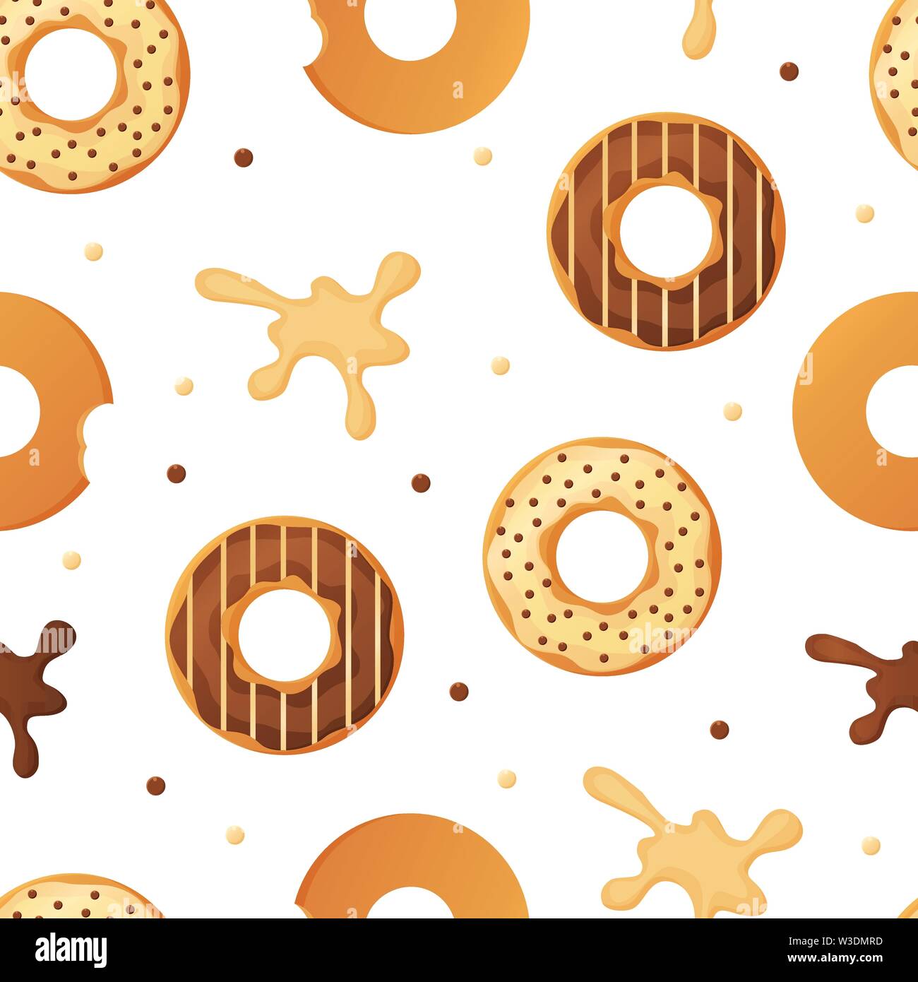 Sweet colorful baked glazed donuts or doughnuts Seamless pattern with sprinkles and splashes ...