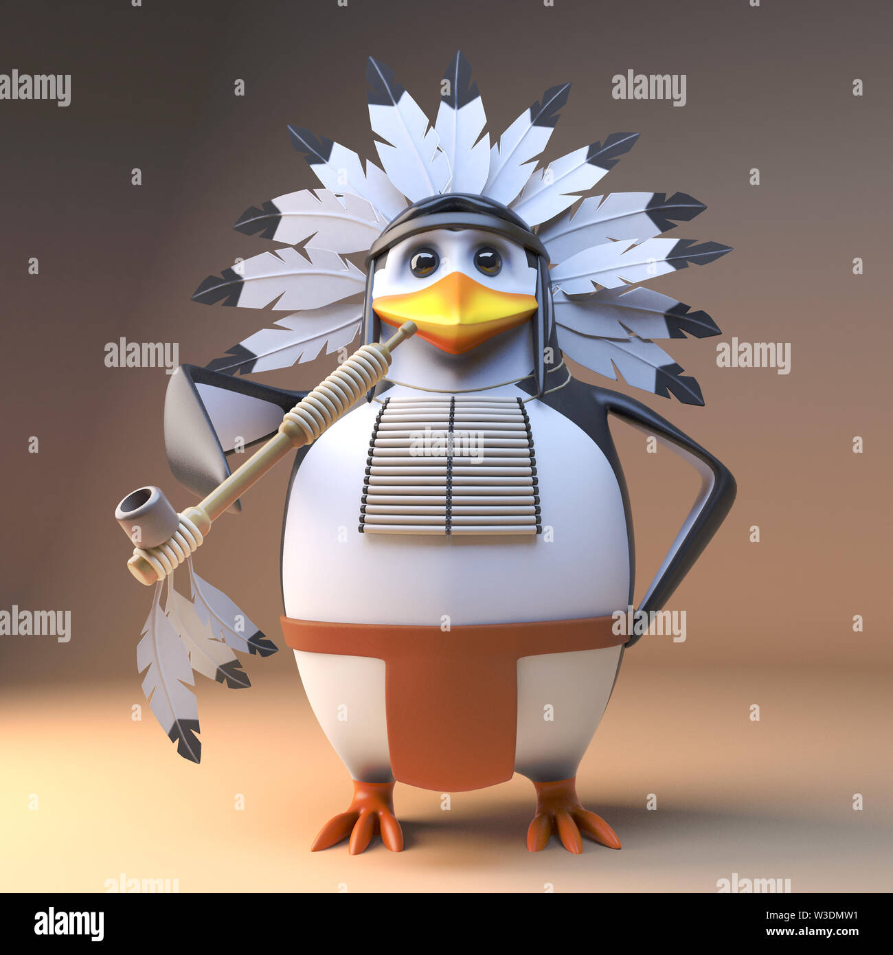 Funny 3d penguin native American Indian chief in feathered headdress ...