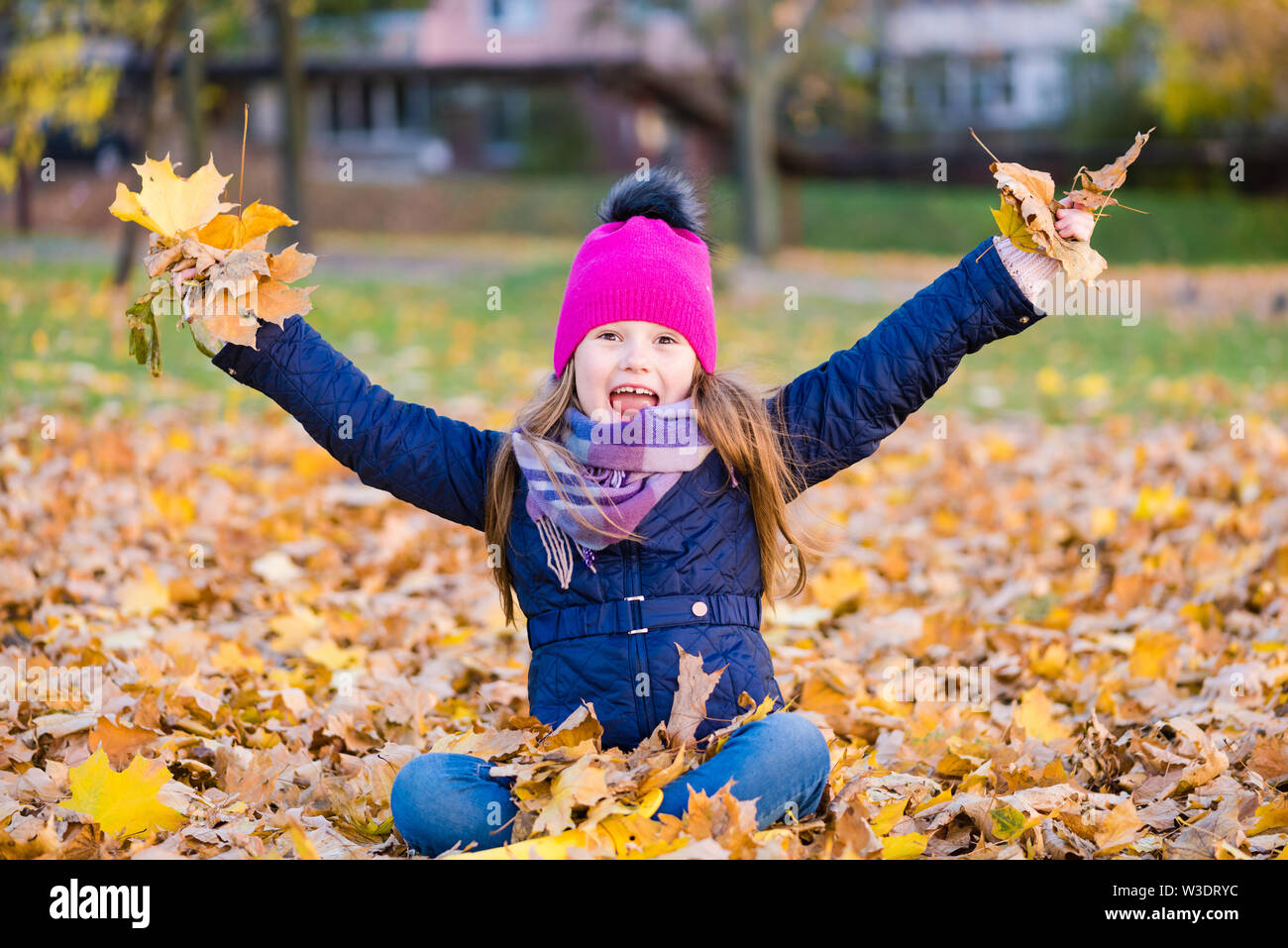 Happy kid throw autumn foliage and smile outdoors Stock Photo - Alamy