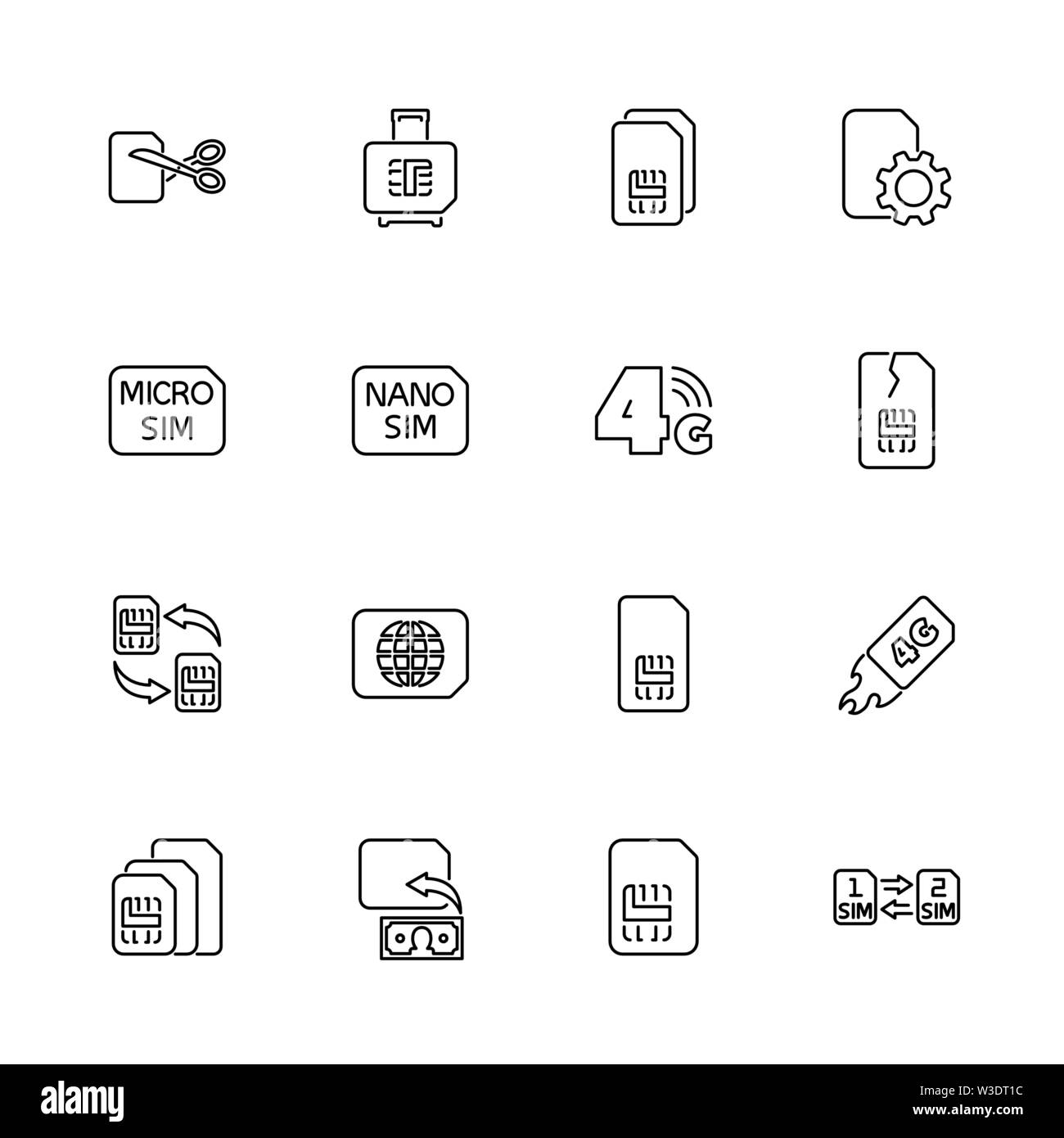 Sim Cards, 5G, 6G outline icons set - Black symbol on white background ...