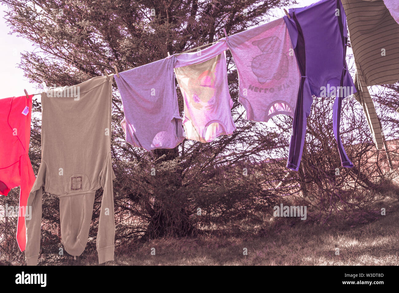 Laundry hanging out to dry outdoors in summer Stock Photo - Alamy