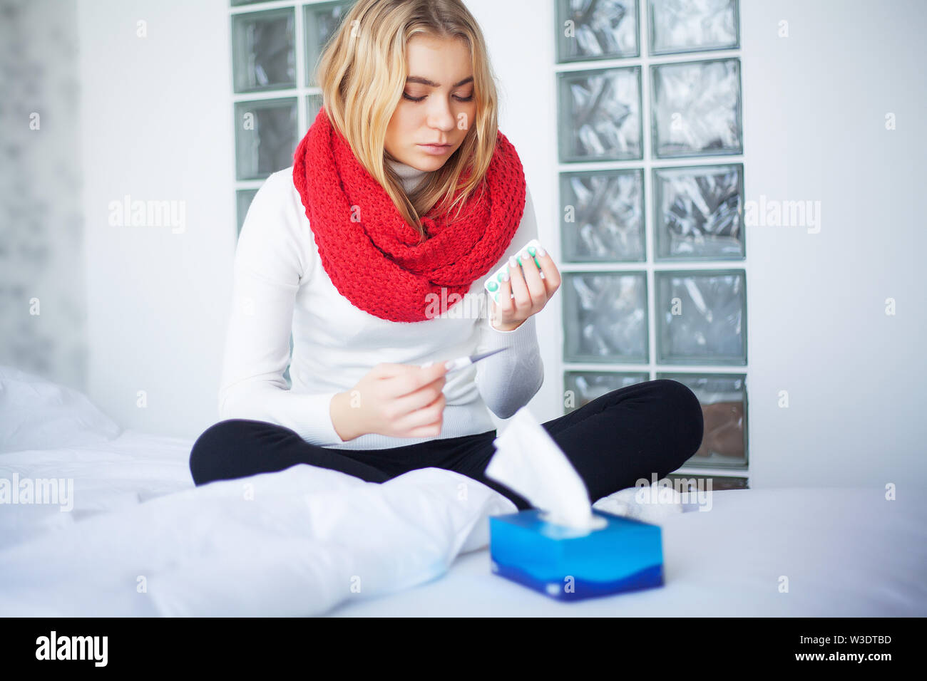 Flu and Sick Woman. Sick Woman Using Paper Tissue, Head Cold Problem ...