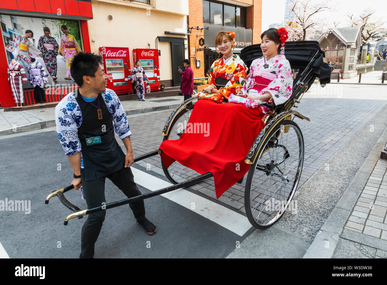 Japan, Honshu, Tokyo, Asakusa, Two Young Women Dressed in Kimono ...