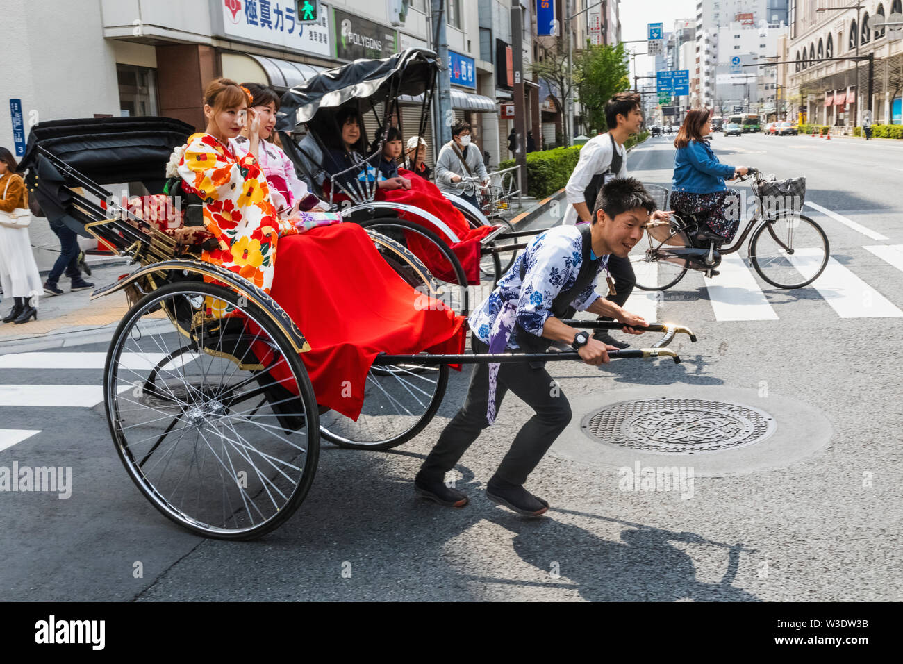 Japan, Honshu, Tokyo, Asakusa, Two Young Women Dressed in Kimono ...