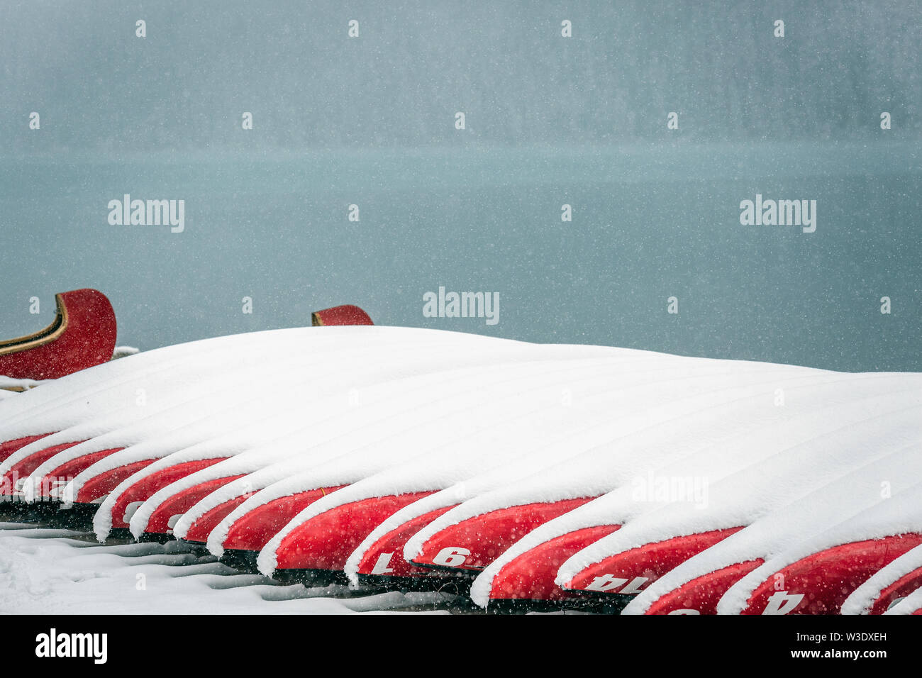 Canoe at Lake Louise under heavy snow at Banff National Park, Canada ...