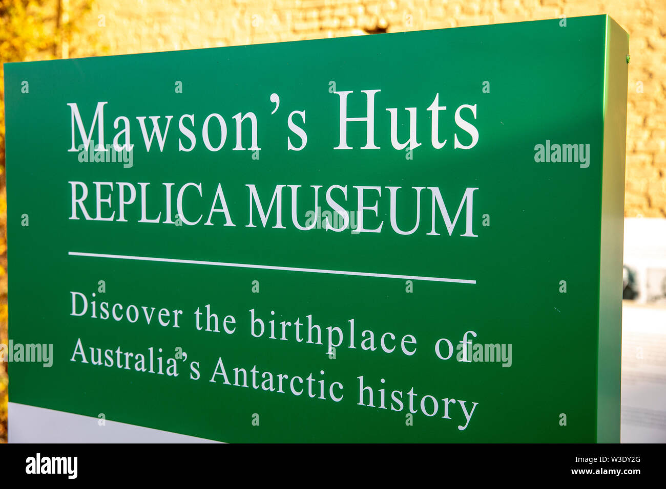 Hobart, Tasmania, sign outside the replica Sir Douglas Mawson huts used ...