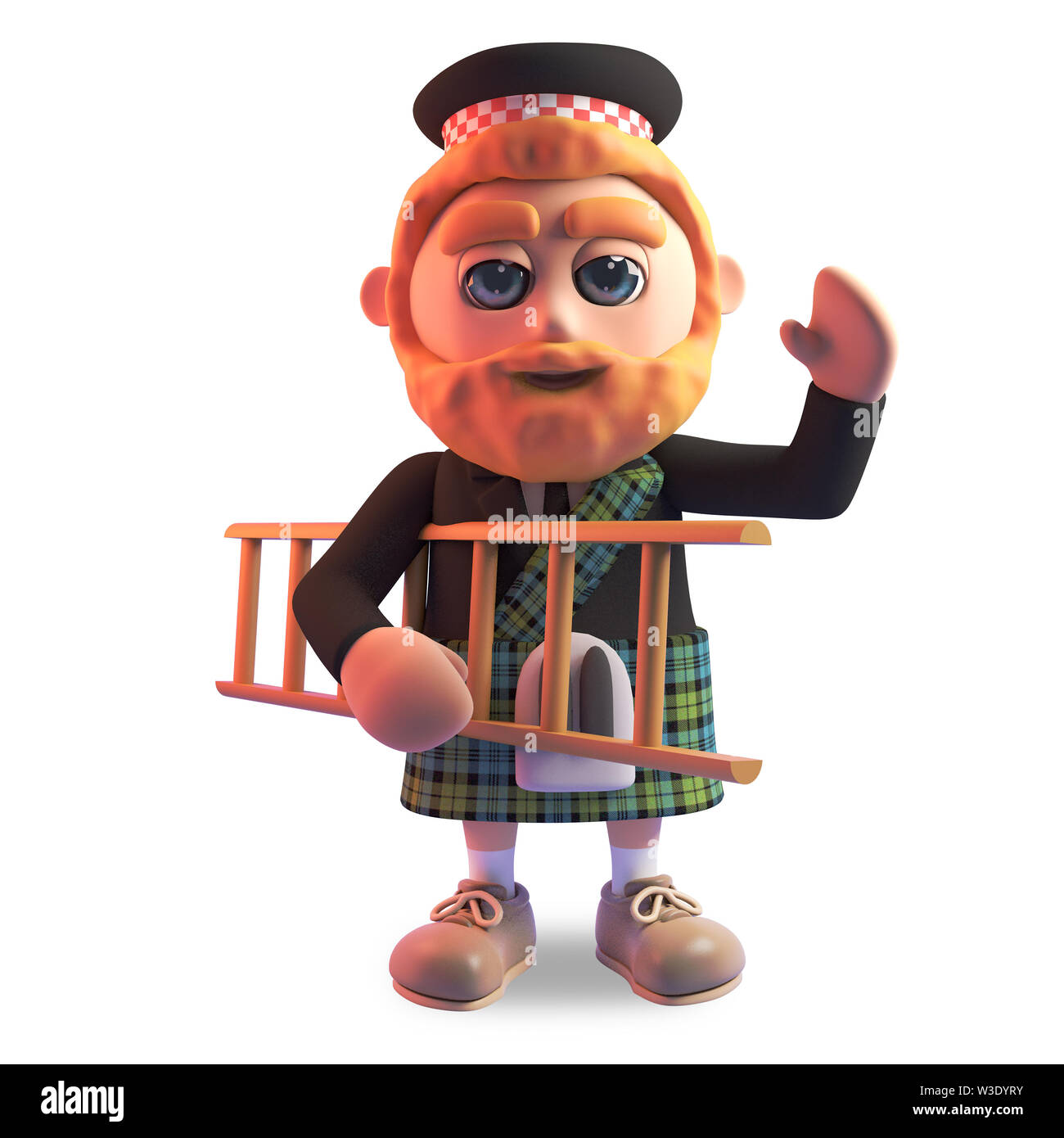 3d funny cartoon Scottish man with red beard and tartan kilt carrying a ...