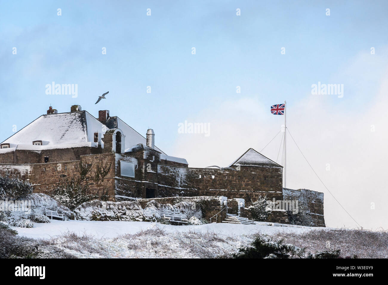 Star Castle, St. Mary's, Isles of Scilly, UK, under a rare fall of snow ...