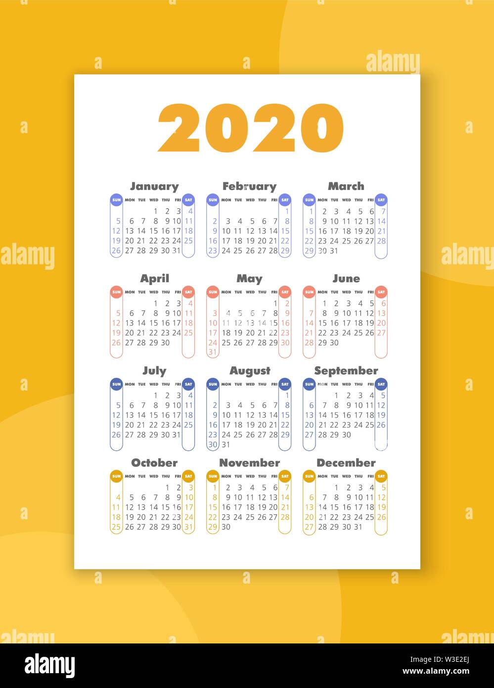 Calendar 2020 year. Color vector template. Week starts on Sunday. Basic ...