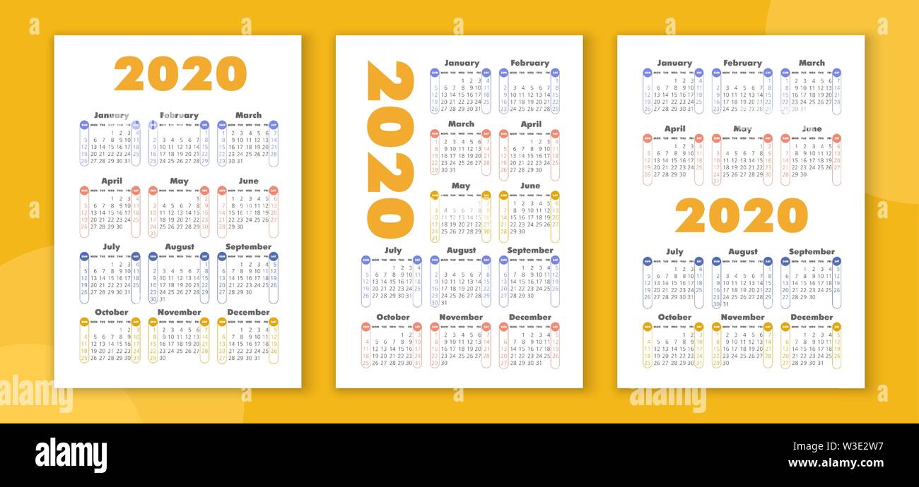 Calendar 2020 year. Color vector template. Week starts on Sunday. Basic ...