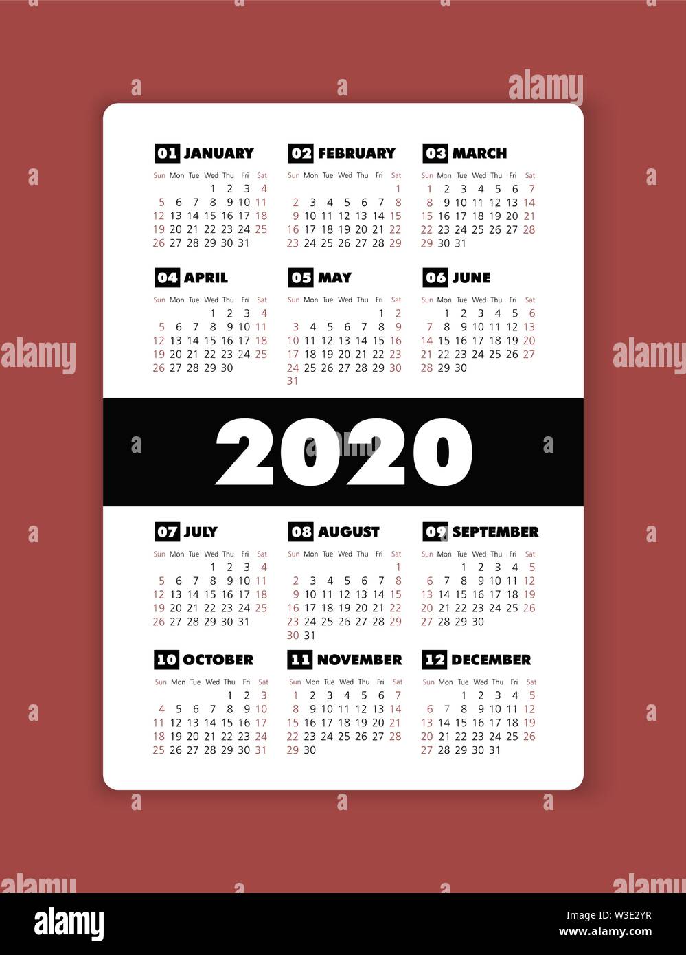 Calendar 2020 year. Color vector template. Week starts on Sunday. Basic ...