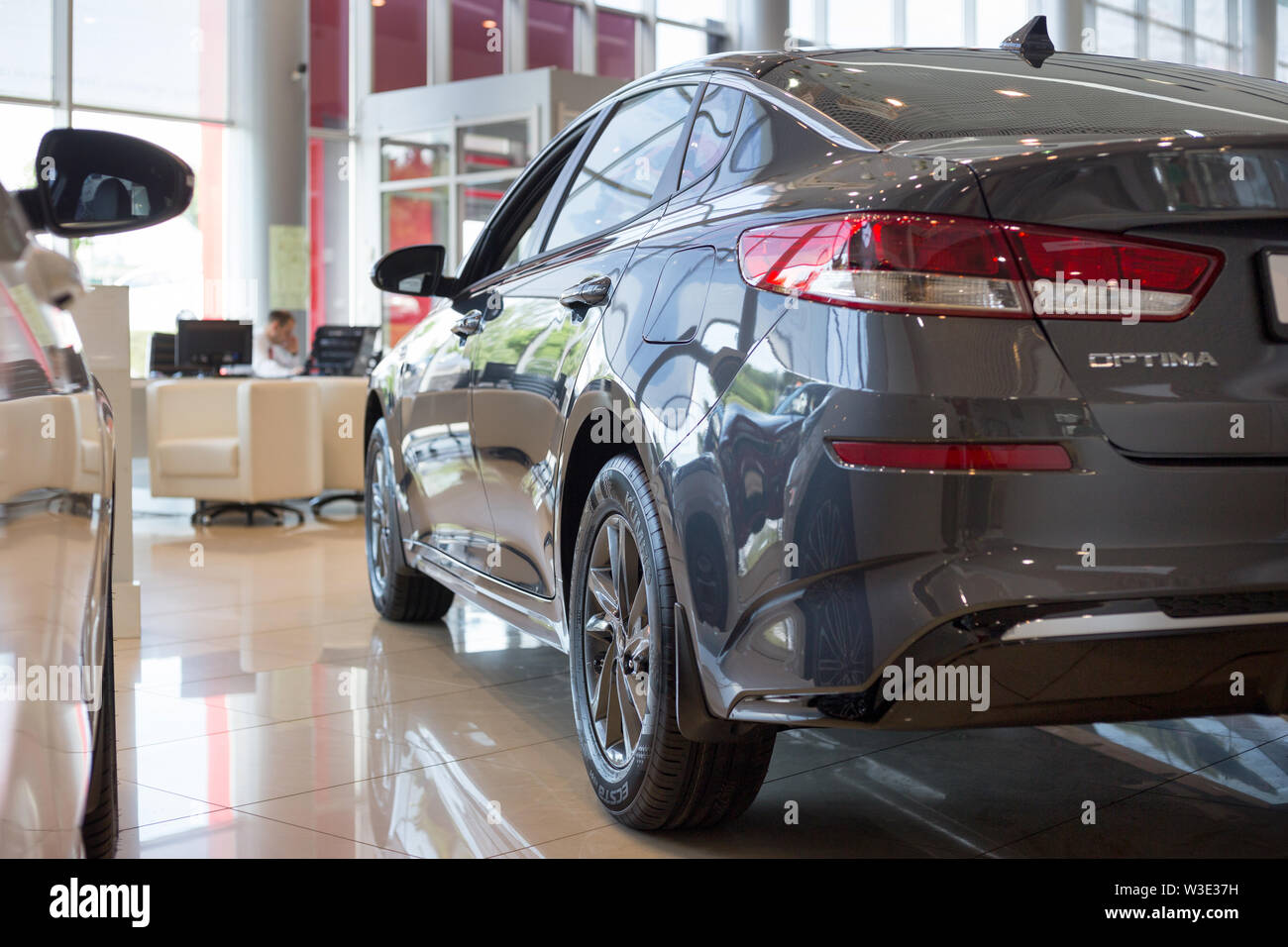 Russia, Izhevsk - July 4, 2019: Showroom KIA. Modern car business class ...