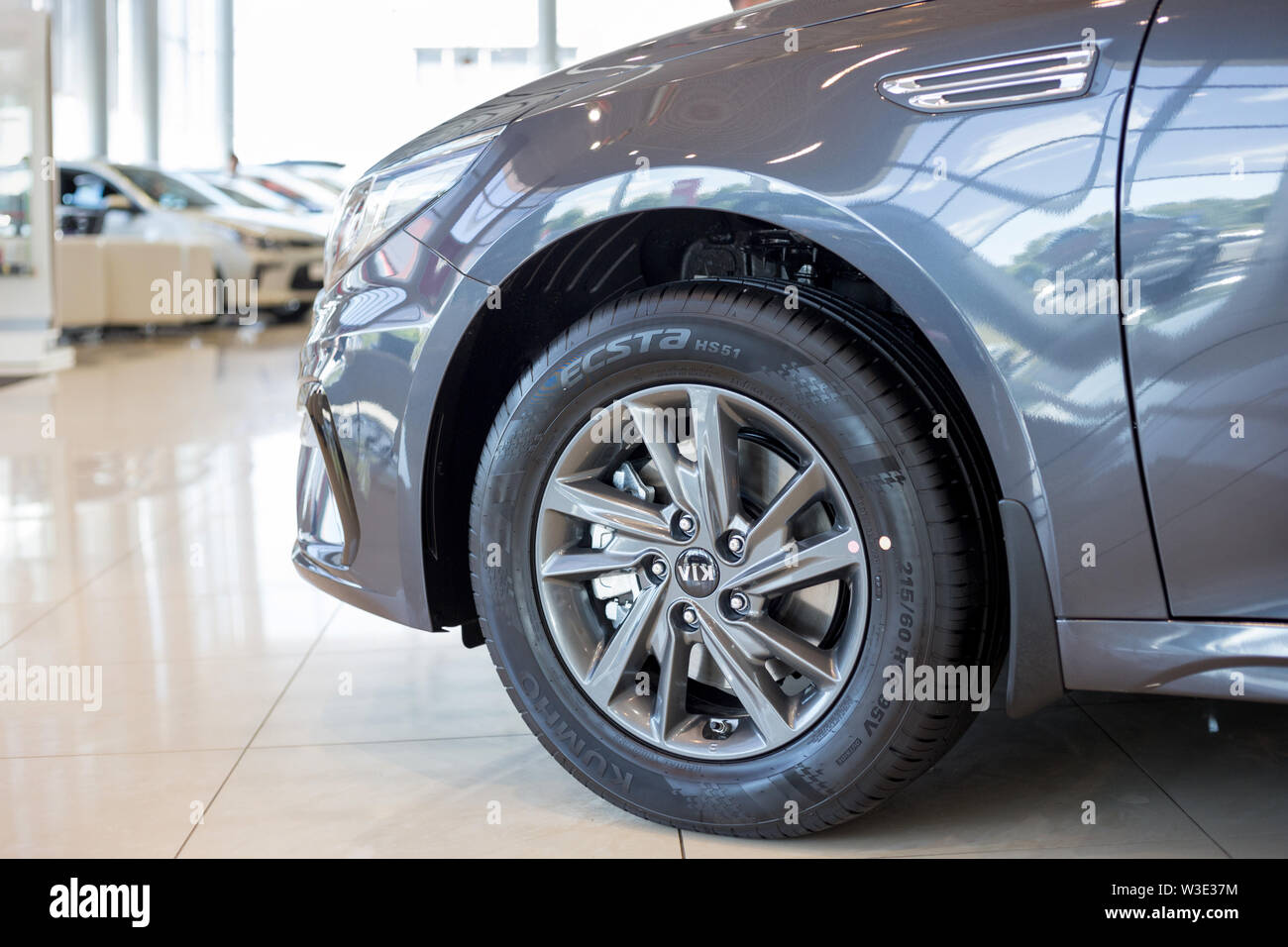 Russia, Izhevsk - July 4, 2019: Showroom KIA. Modern car business class ...