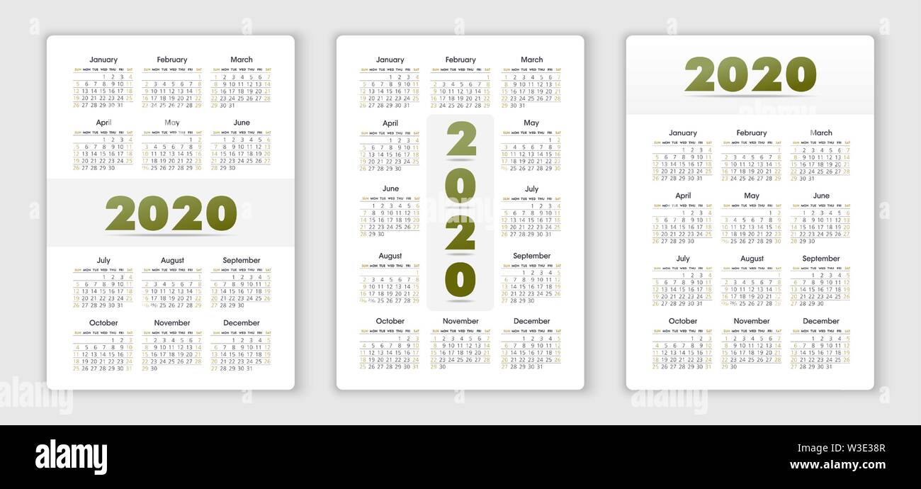 Calendar 2020 year. Color vector template. Week starts on Sunday. Basic ...