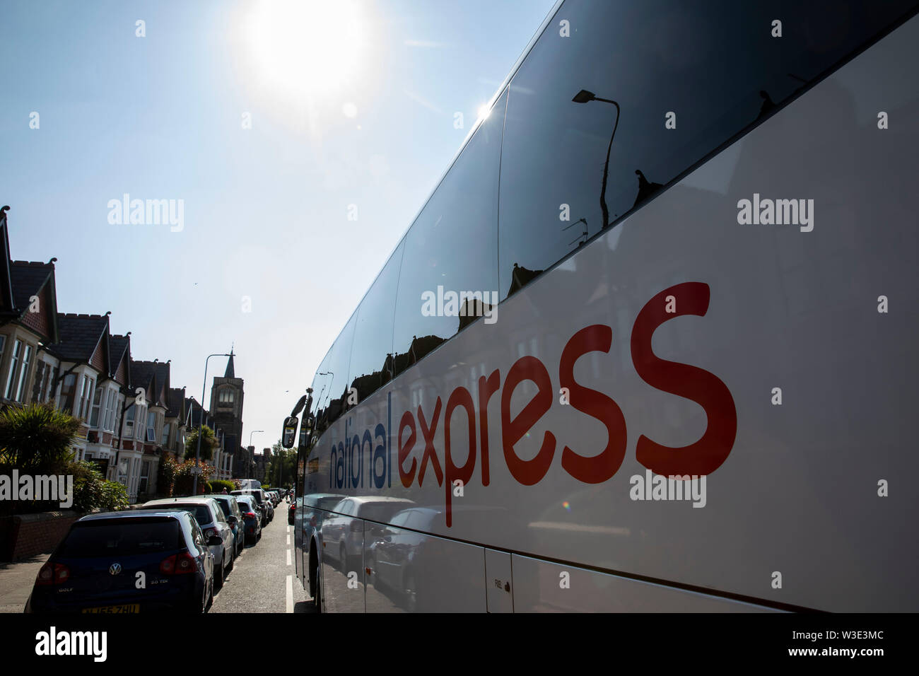 Cardiff, Wales, UK, July 15th 2019. A National Express coach waits in ...
