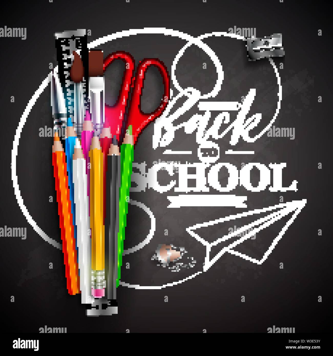 Back to school design with colorful pencil, scissors, ruler and ...