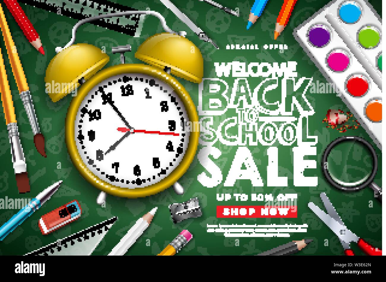 Back to School Sale Design with Alarm Clock, Colorful Pencil, Brush ...