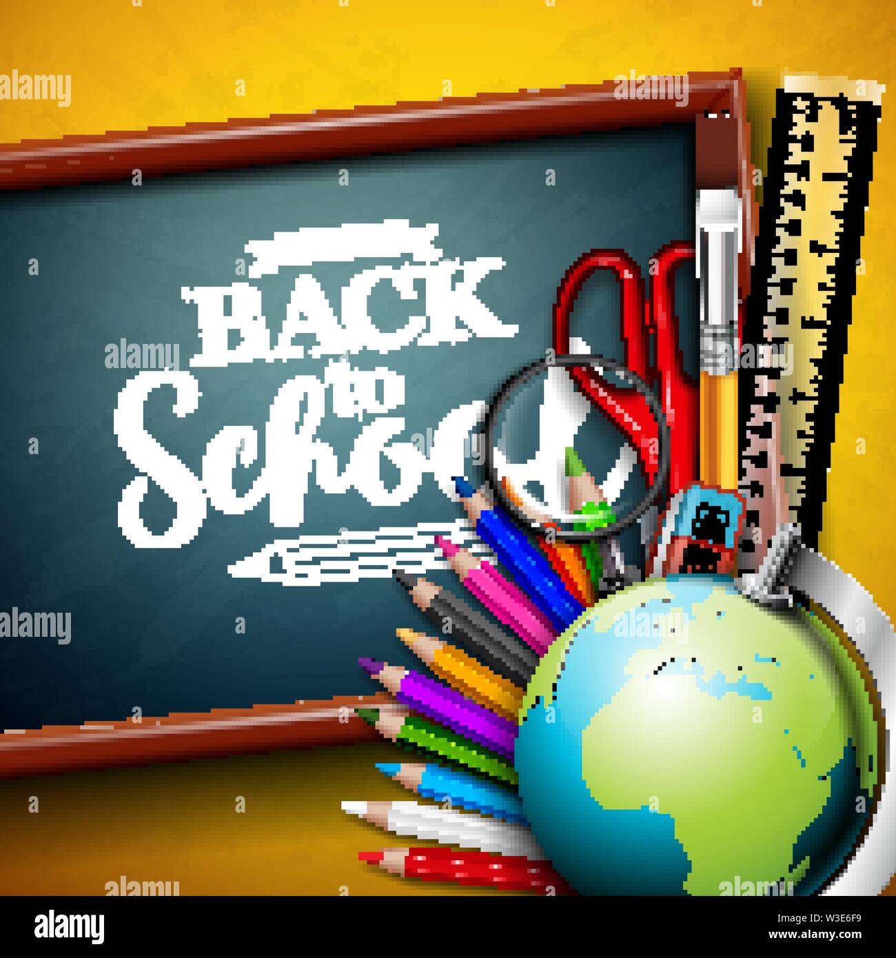 Back to school design with globe, magnifying glass, scissors, ruler and ...