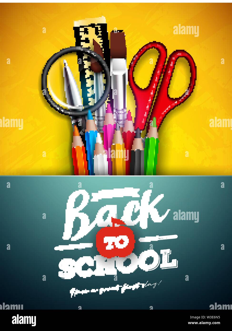 Back to school design with colorful pencil, magnifying glass, scissors ...