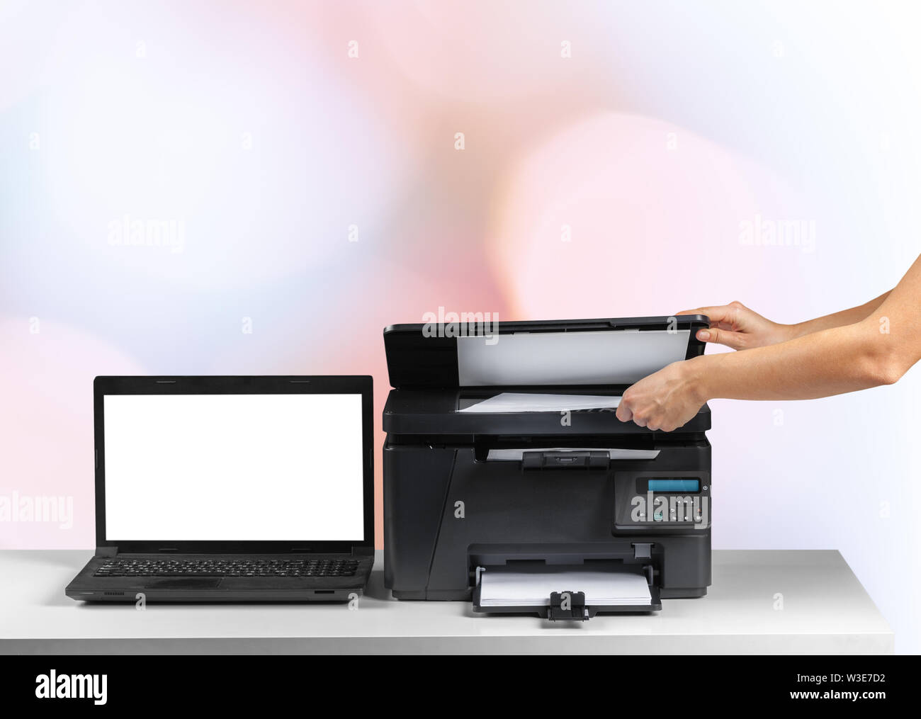 Printer and computer. Office table Stock Photo - Alamy