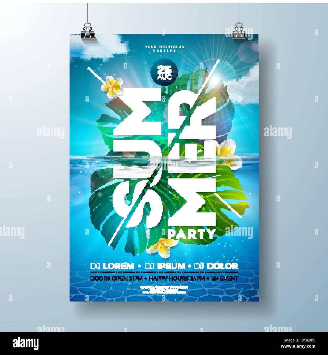 Summer party flyer design template with tropical palm leaves and flower ...