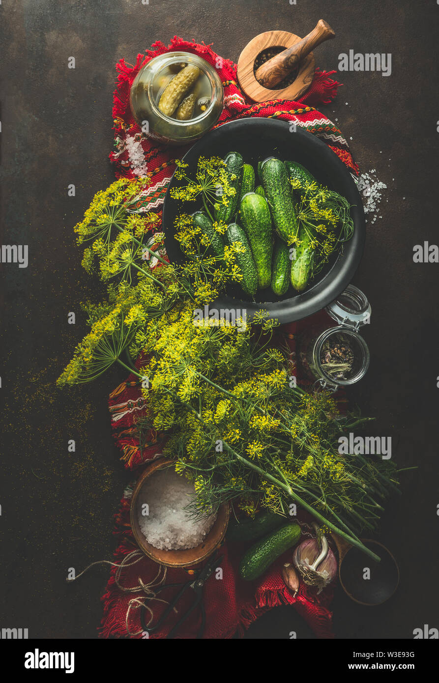 Composing of cucumber pickling and preserving ingredients on dark ...