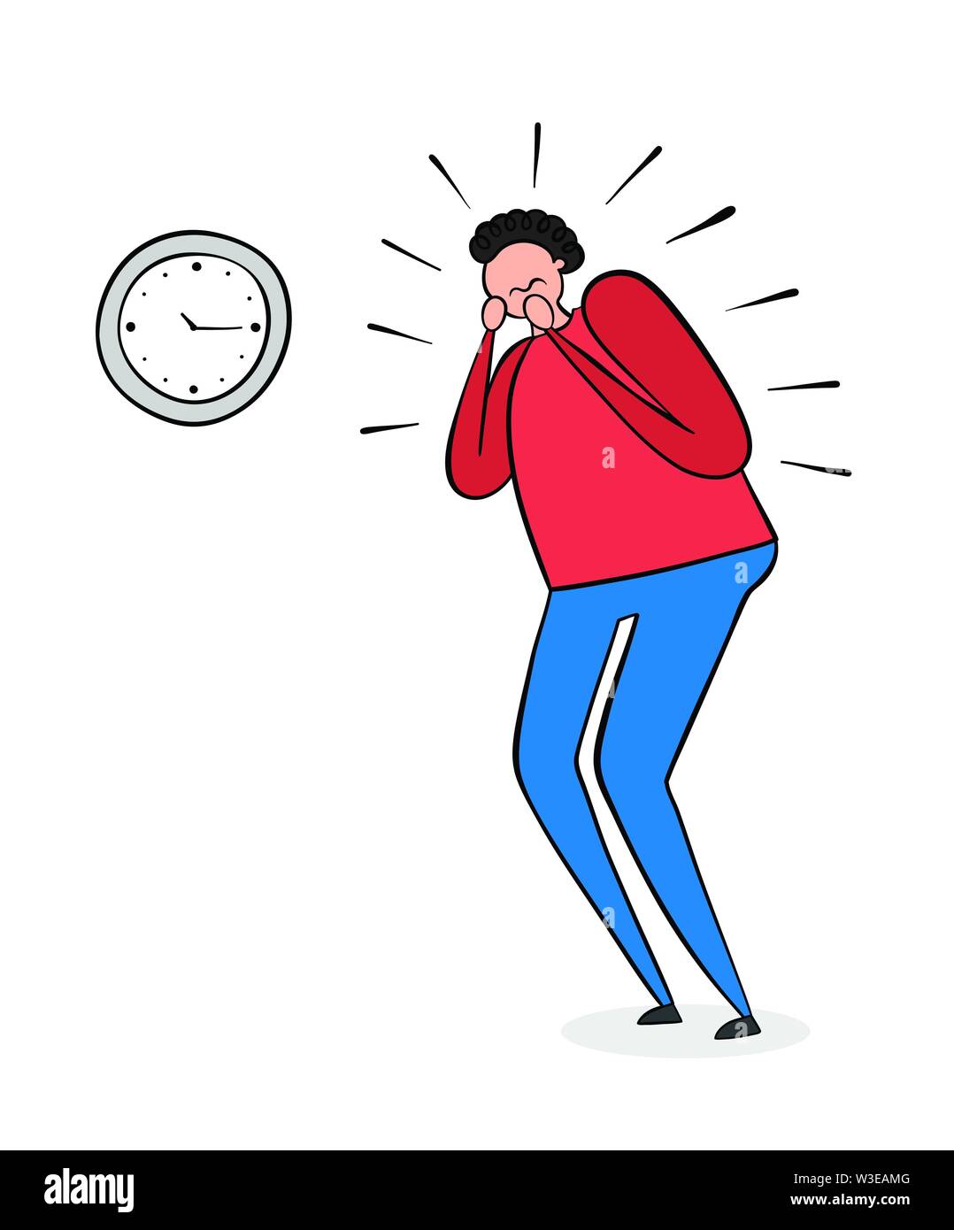 The man is looking at the clock and is very stressed, hand-drawn vector ...