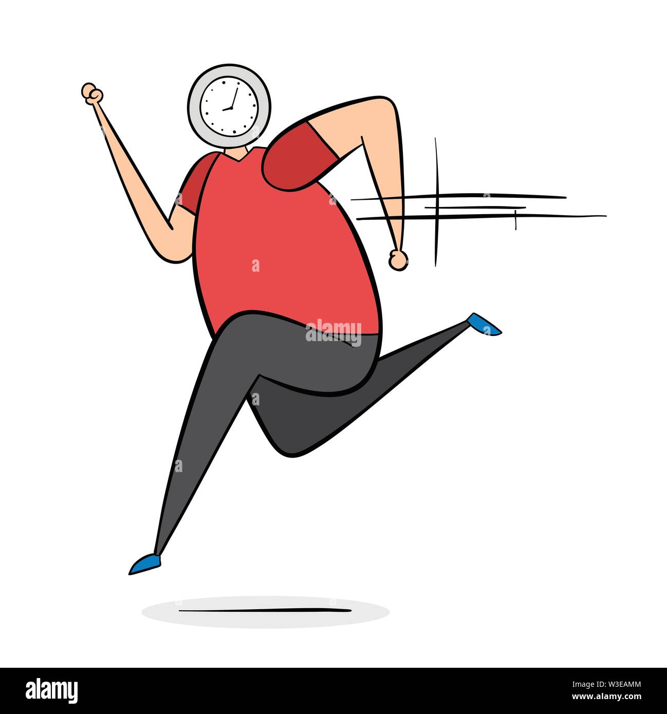 Man with clock head and running, hand-drawn vector illustration. Black ...