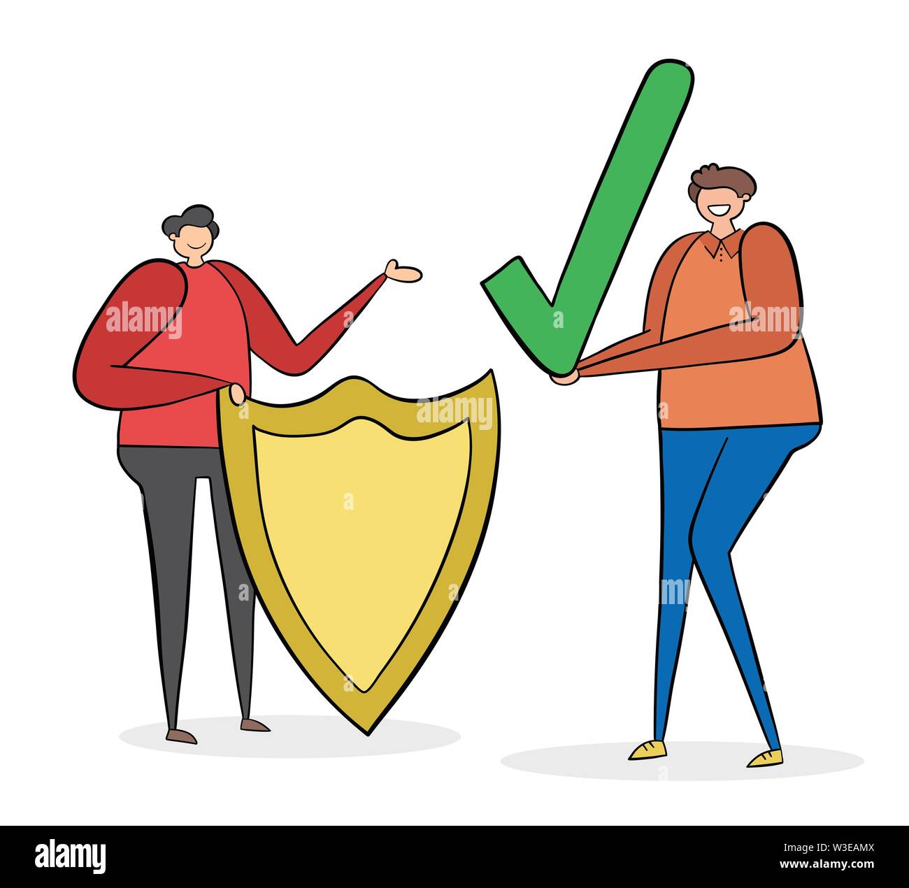 Man with shield and other man holding check mark, hand-drawn vector ...